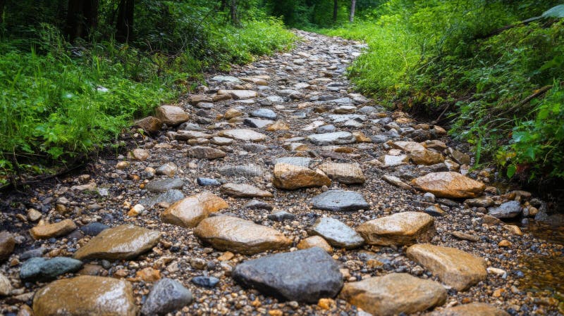 A Wet, Rocky Path Winding through Lush Greenery Stock Illustration ...