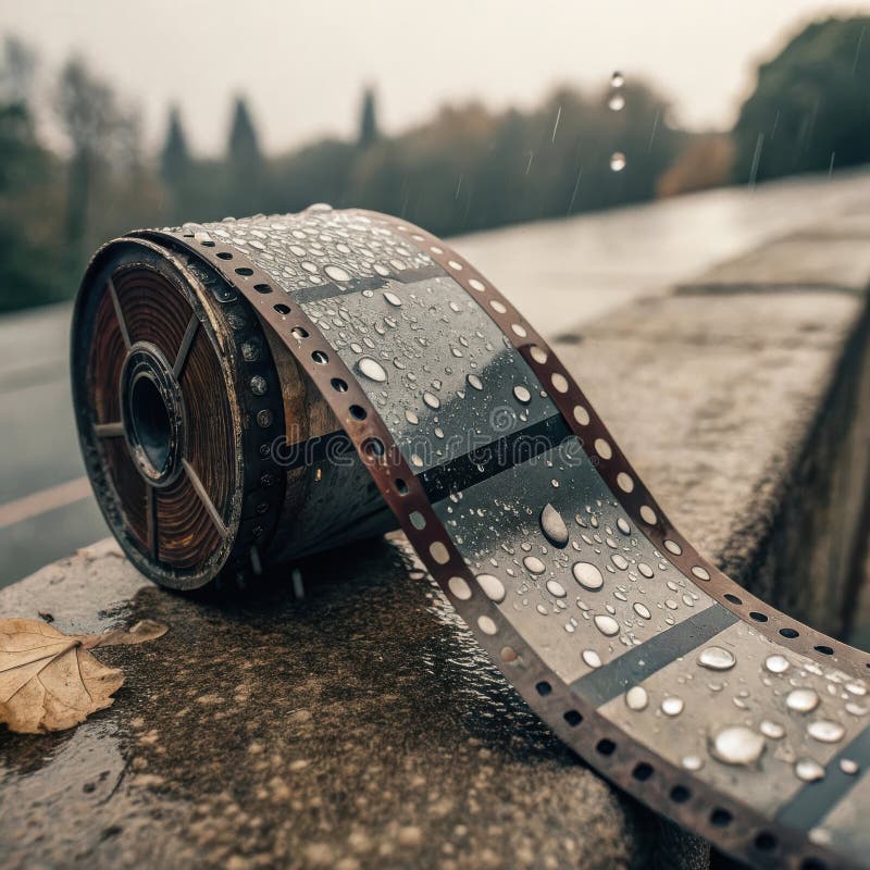 Wet Roll of Film with Water Droplets on a Stone Surface in the Rain ...