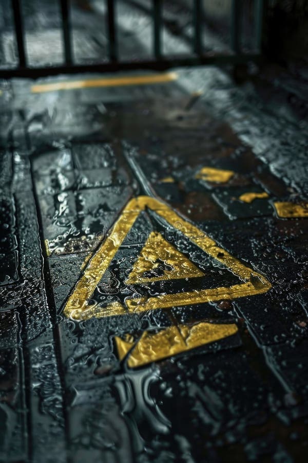 Wet Sidewalk with Yellow Triangle Stock Photo - Image of sidewalk ...