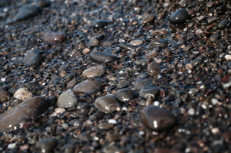 Wet Small Stones in Seawater Close-up. Pebble Beach Stock Image - Image ...