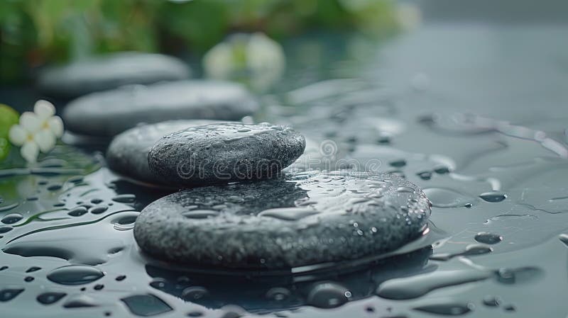 Wet Smooth Stones on a Watery Surface with Blurred Greenery in the ...