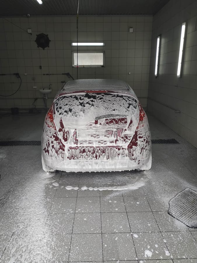 Wet and Soapy Red Car at the Box for Car Wash Stock Photo - Image of ...