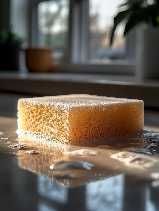 Wet Sponge on Kitchen Counter Reflecting Sunlight. Stock Photo - Image ...