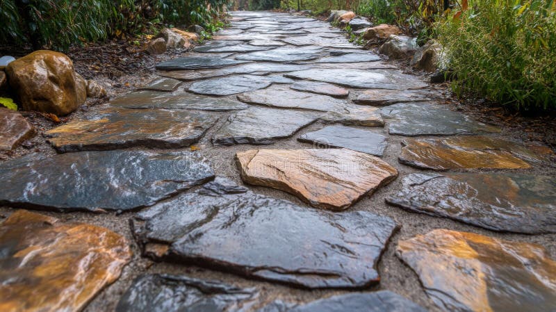 Wet Stone Path through Lush Greenery Stock Illustration - Illustration ...