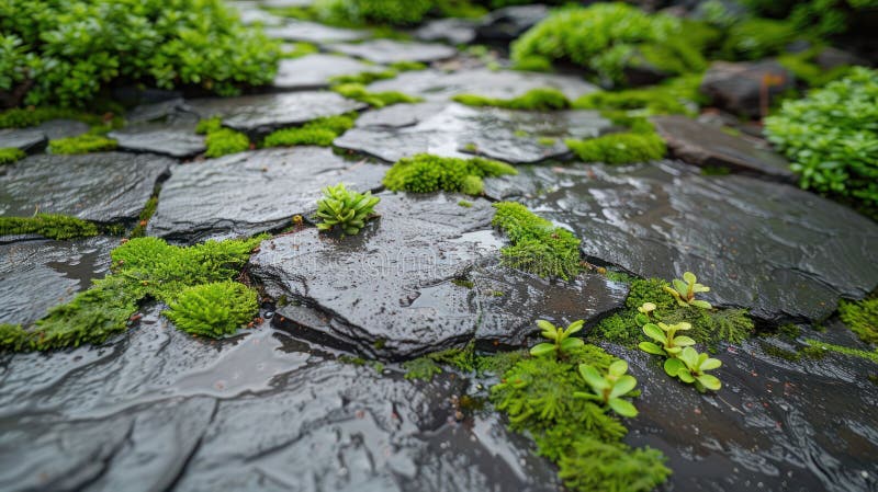 Wet Stone Pathway with Green Moss Growing between the Stones Stock ...