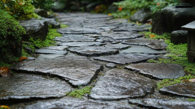 Wet Stone Pathway through a Lush Green Garden Stock Illustration ...