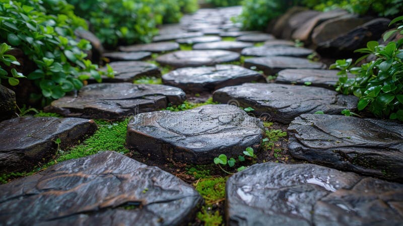 A Wet Stone Pathway Meanders through a Lush Garden, Lined with Moss and ...