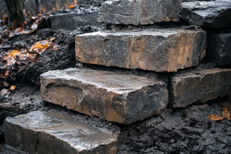 Wet Stone Steps Ascend through a Muddy Environment, Providing a Rustic ...
