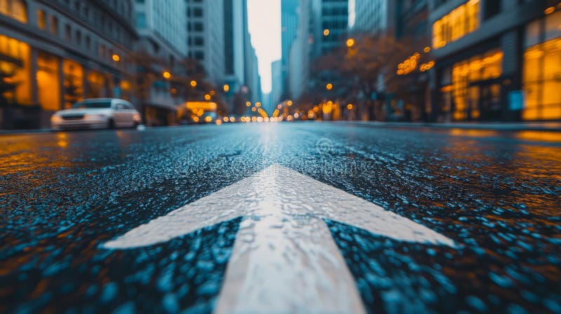 Wet Street with Arrow Pointing Forward in Cityscape Stock Photo - Image ...