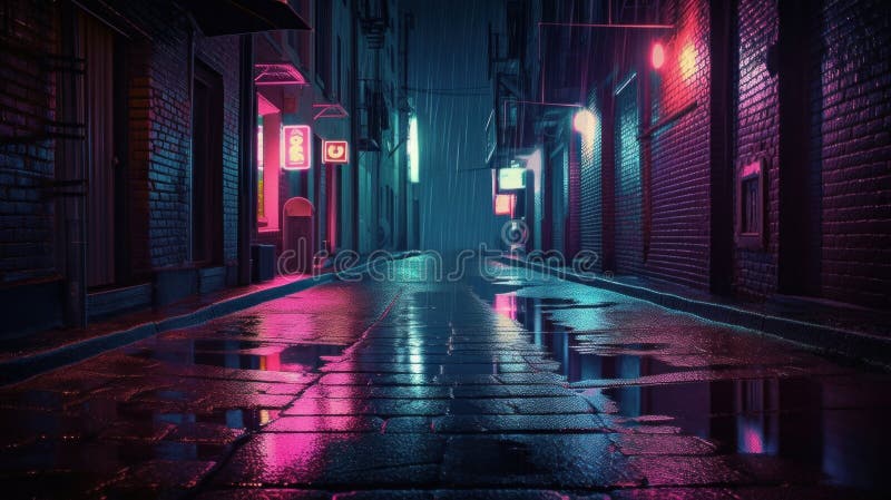 A Wet Street at Night with Neon Lights. AI Generative Image. Stock ...