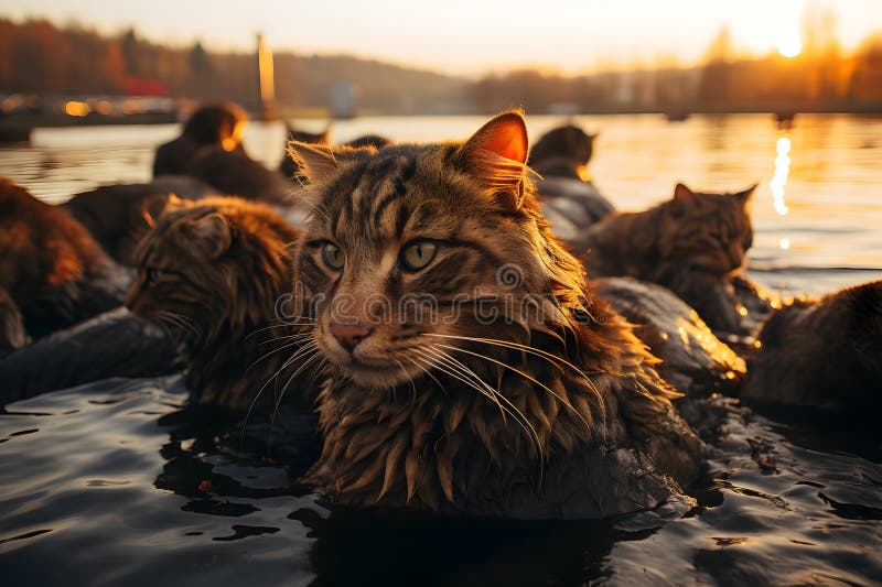 Wet Tabby Cat among Many in River at Sunset Stock Illustration ...