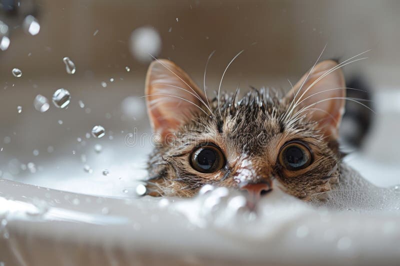 Wet Tabby Cat Taking a Bath in the Bathroom Stock Photo - Image of home ...