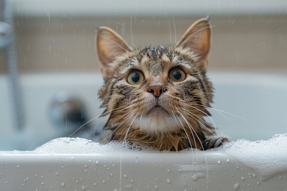 Wet Tabby Cat Taking a Bath Looking Up with Surprised Expression Stock ...