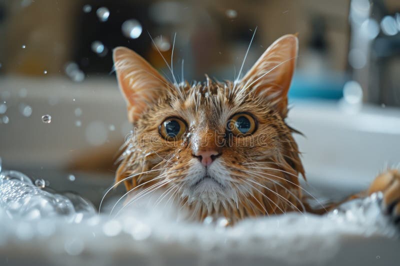Wet Tabby Cat Taking a Bath Looking Up with Surprised Expression Stock ...