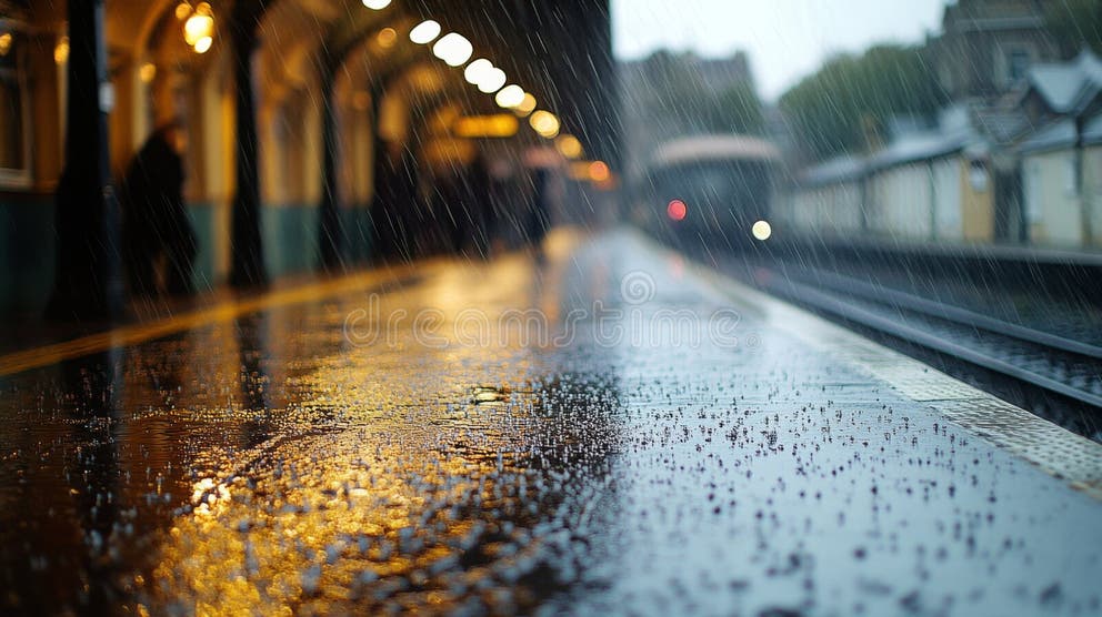 Wet Train Platform with Rain and Blurry Lights Stock Illustration ...