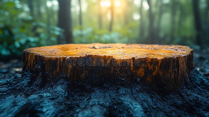 A Wet Tree Stump in a Forest with Sun Shining through the Trees Stock ...