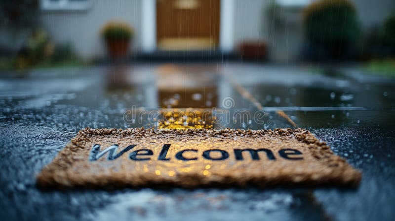 Wet Welcome Mat on a Rainy Doorstep. Stock Image - Image of inviting ...