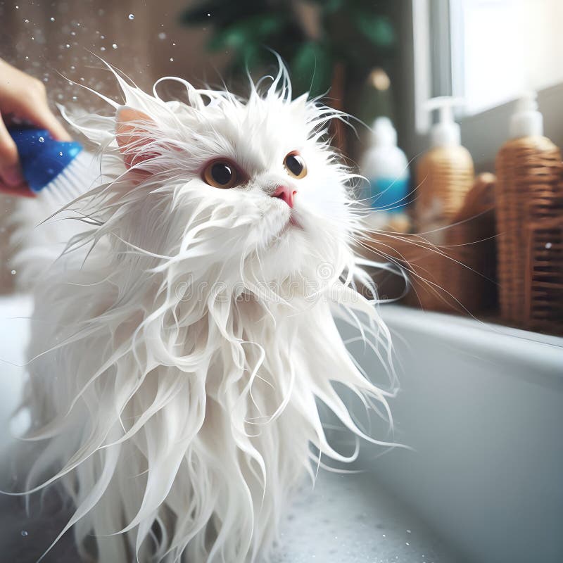 Wet White Persian Cat Taking a Bath in a Bathtub Stock Illustration ...