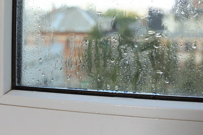 Wet Window on Rainy Day, Closeup. View from Inside Stock Image - Image ...