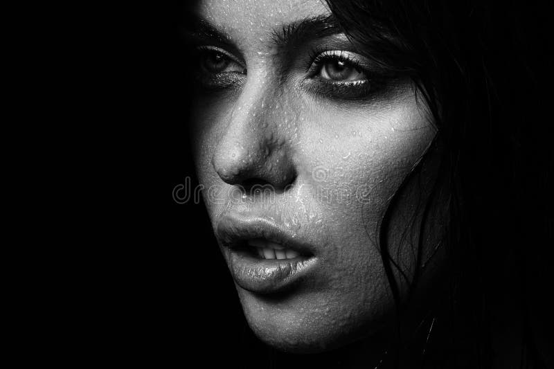 Wet Woman Portrait With Water Drops On The Face Black And White Stock