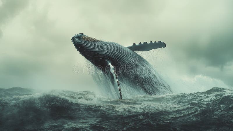 Whale Breaching the Surface of the Ocean in a Dynamic Display of Power ...