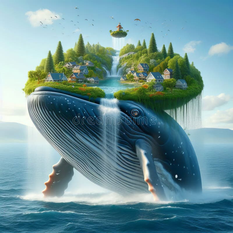 Whale Carrying an Island a Colossal Whale Breaching the Ocean S Stock ...