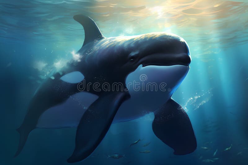 Whale in Deep Blue Ocean. 3d Render Stock Illustration - Illustration ...