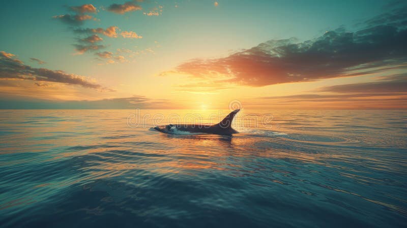 Whale Diving in Calm Sea during Sunset with Landscape View Stock ...