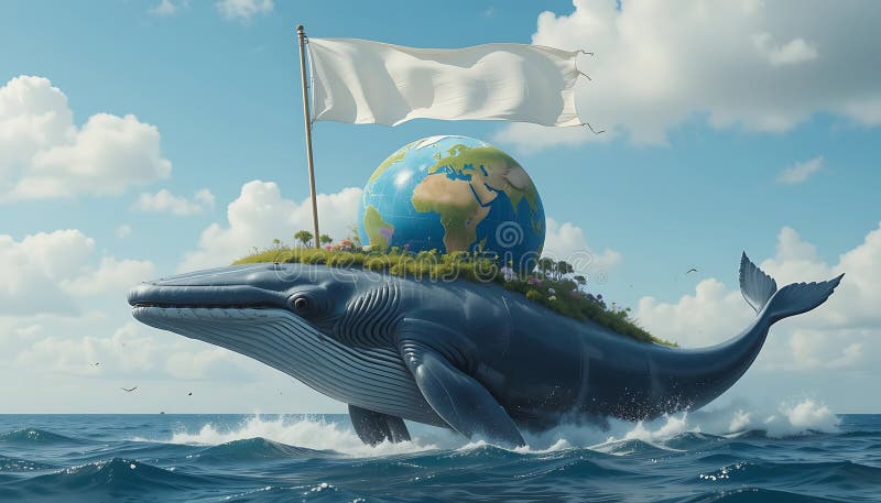 Whale with Earth Globe and White Flag Rising from the Ocean Stock ...