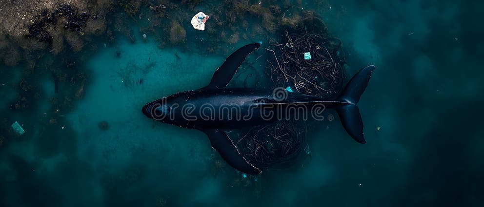 A Whale Entangled in a Mass of Plastic Debris in the Ocean. Stock ...
