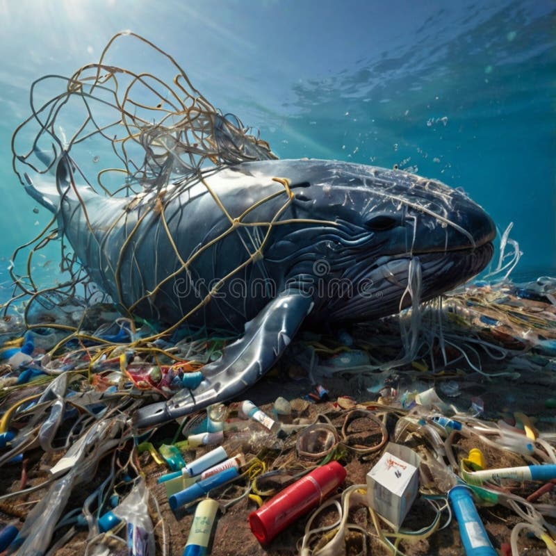 Whale Entangled in Ocean Waste and Nets Underwater Stock Photo - Image ...