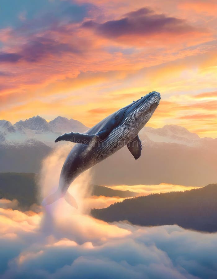 Whale Flying Above the Clouds with a View To the Sunset Behind the ...