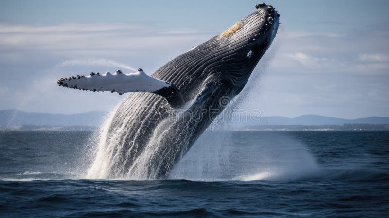 Whale Jumping from Open Water in Sea Under Blue Cloudy Sky with Bright ...