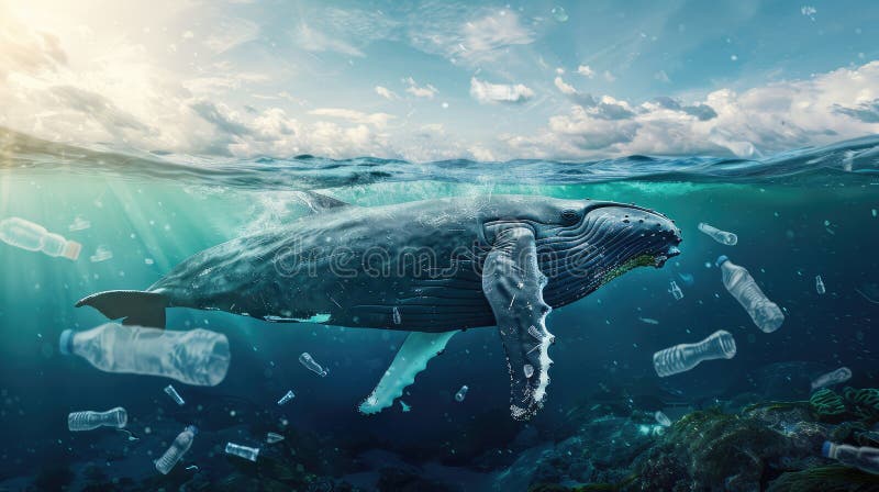 Whale in the Ocean with Plastic Bottles and Garbage Floating Around ...
