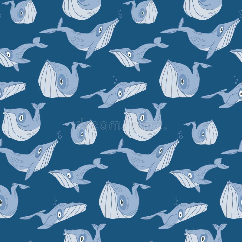 Whale Pattern on a Blue Background, Blue and Humpback Whales in Cartoon ...