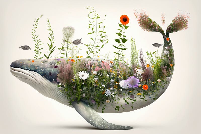 Whale with Plants and Flowers. Stock Illustration - Illustration of ...