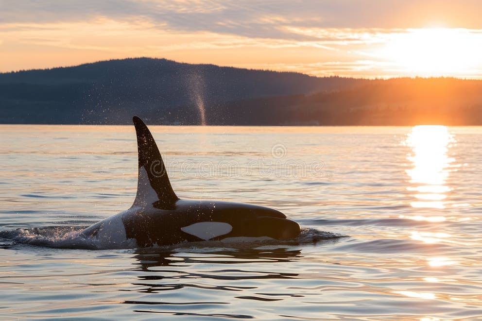 Orca Emerges from the Water at Sunset, Shimmering Droplets in Golden ...