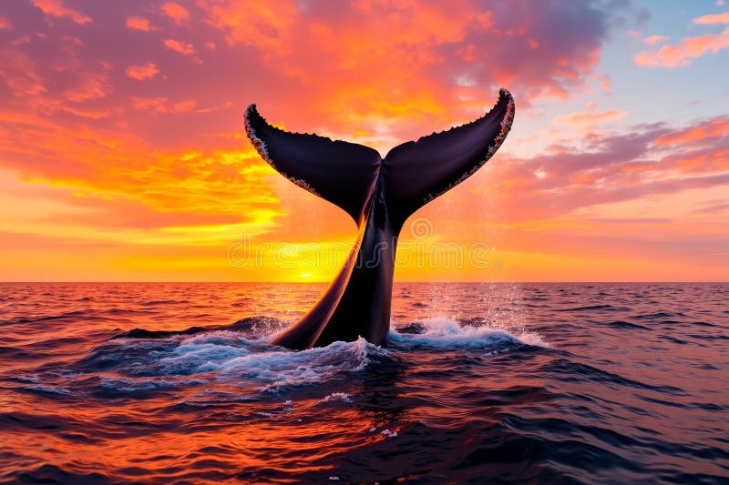 A Whale Tail Flups Out of the Water at Sunset Stock Image - Image of ...