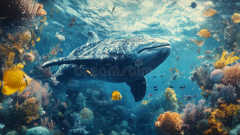 Whale Shark and Colorful Coral Reef Underwater Scene Stock Illustration ...