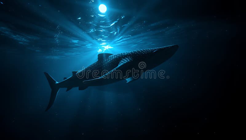 Whale Shark Swimming in the Deep Sea Under the Spotlight of a Full Moon ...