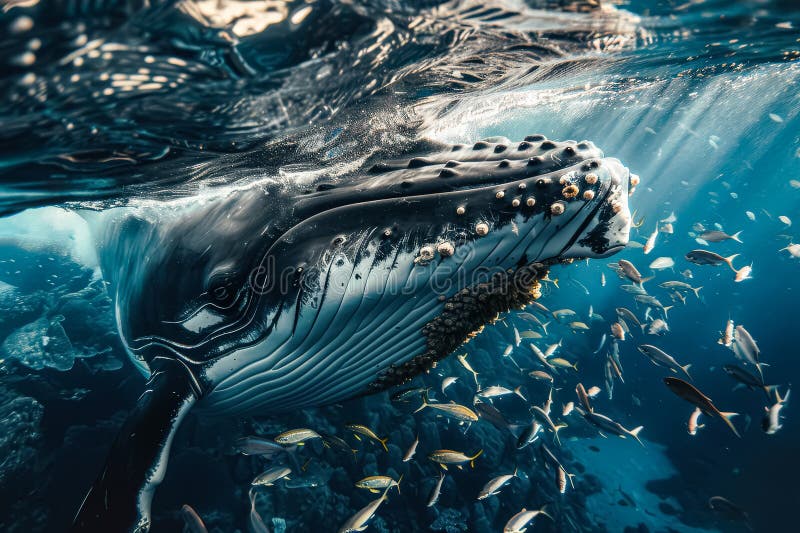 Whale is Swimming in the Ocean with a School of Fish Swimming Around it ...