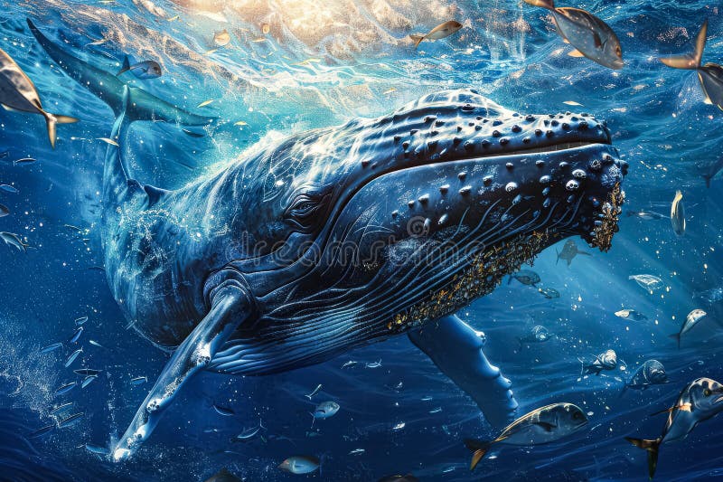 Whale is Swimming in the Ocean with a School of Fish Swimming Around it ...