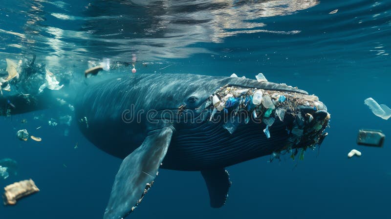 Whale Swimming with Plastic Caught Around Its Mouth in Deep Blue Ocean ...