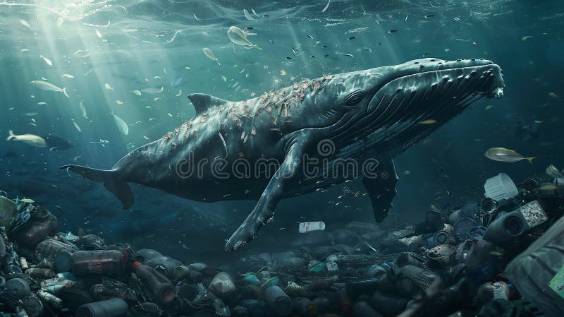 Whale Swims among Garbage. Environment Pollution Problem Stock Photo ...