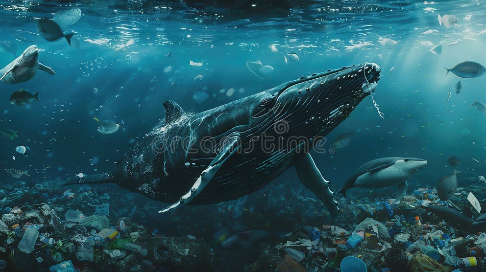 Whale Swims among Garbage. Environment Pollution Problem Stock Image ...