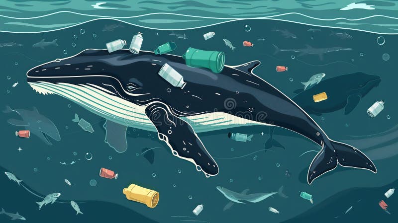 Whale Swims among Garbage. Environmental Pollution Stock Image - Image ...