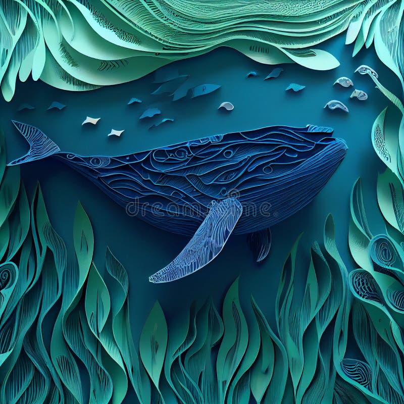 Whale Swims in the Ocean among Algae, Blue, Paper Art. Illustration AI ...