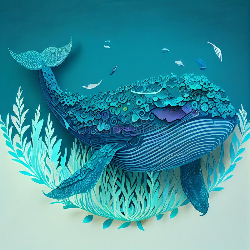 Whale Swims in the Ocean among Algae, Blue, Paper Art. Illustration AI ...