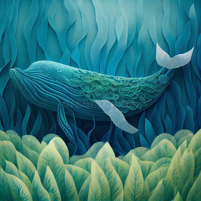 Whale Swims in the Ocean among Algae, Blue, Paper Art. Illustration AI Generative Stock ...