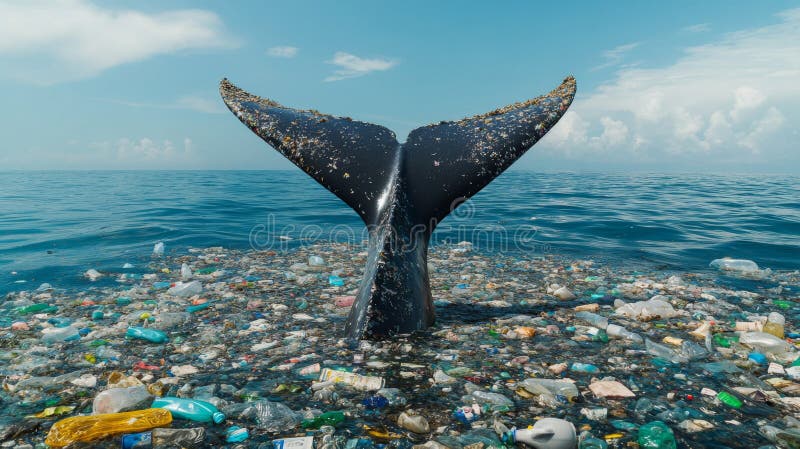 Whale Tail Emerging from Ocean of Plastic Pollution Stock Illustration - Illustration of earth ...